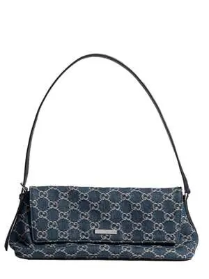 Gucci Washed Gg Denim Shoulder Bag, 13 Cm X 31 Cm X 11.5 Cm With Adjustable Leather Strap - Blu