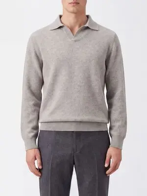 Brunello Cucinelli Long-sleeve V-neck Polo In 100% Cashmere - Grey
