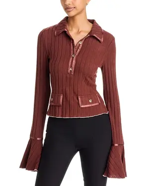 AREA STARS Remi Ribbed Button Placket Top - Brown