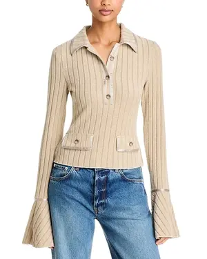 AREA STARS Remi Ribbed Button Placket Top - Tan
