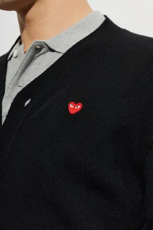Play Comme Des Garcon Wool Cardigan With Logo Patch - Black