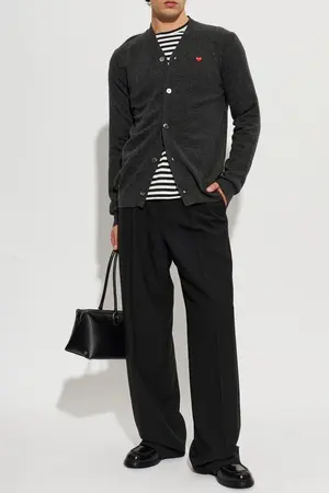 Play Comme Des Garcon Wool Cardigan With Logo Patch - Grey