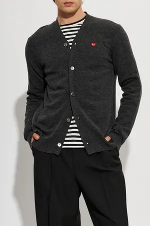 Play Comme Des Garcon Wool Cardigan With Logo Patch - Grey