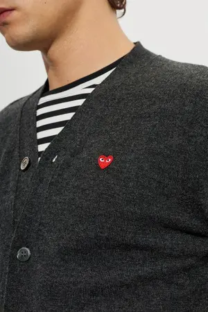 Play Comme Des Garcon Wool Cardigan With Logo Patch - Grey