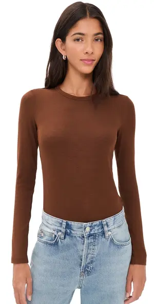 Ag Julia Ribbed Long Sleeve Crewneck Top - Chestnut