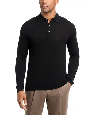 JACK VICTOR Wool & Silk Long Sleeve Knit Polo - Black