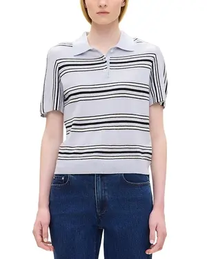 Theory Cashmere Striped Polo Top - Cool Fog Multi