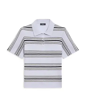 Theory Cashmere Striped Polo Top - Cool Fog Multi