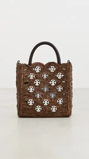 Rabanne Small Raffia Tote Bag With Signature 1969 Discs - Brown/silver