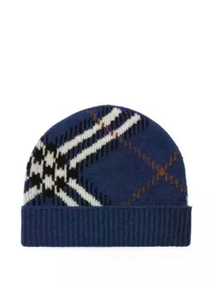 Burberry Check Cashmere Blend Beanie - Blue