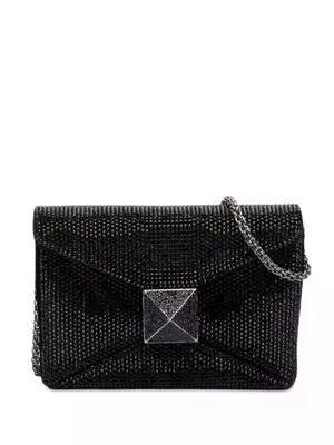 Valentino Garavani Small Crystal Embellished Suede One Stud Clutch With Chain Crossbody Bag - Black