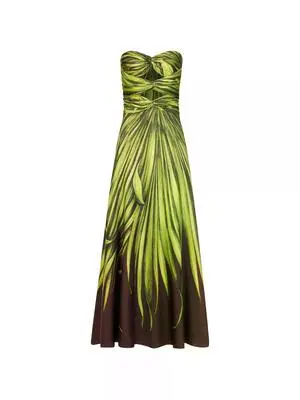 Oscar De La Renta Strapless Palm Leaves Silk Twill Cocktail Dress - Green