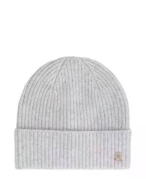 Tommy Hilfiger Ribbed Knit Logo Plaque Beanie Hat - Grey