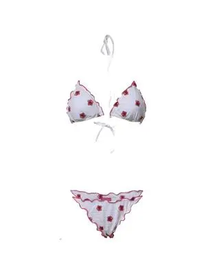 MC2 SAINT BARTH Seersucker Bikini With Hibiscus Embroidery - White