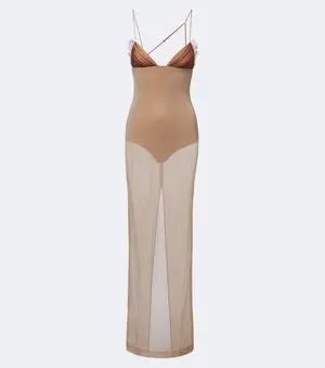 NENSI DOJAKA Sheer Tulle Maxi Dress - Beige