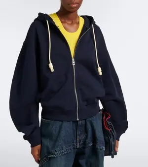 Loewe Cotton Fleece Zip-up Hoodie With Leather Trim - Blue