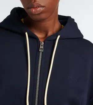 Loewe Cotton Fleece Zip-up Hoodie With Leather Trim - Blue