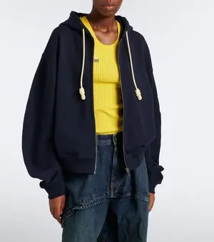 Loewe Cotton Fleece Zip-up Hoodie With Leather Trim - Blue