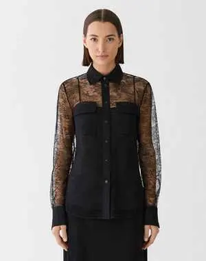 Lafayette 148 New York Chantilly Lace Long Sleeve Blouse - Black