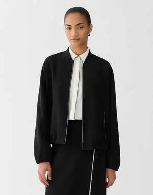 Lafayette 148 New York Crepe Zip Front Bomber Jacket - Black
