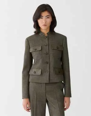 Lafayette 148 New York Wool Glen Plaid Cropped Jacket - Olive Multi