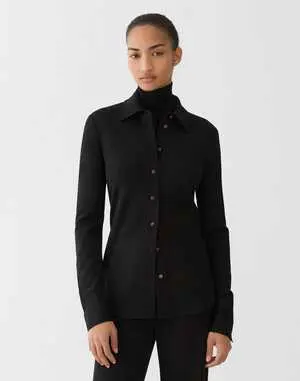 Lafayette 148 New York Double Knit Jersey Button Front Shirt - Black