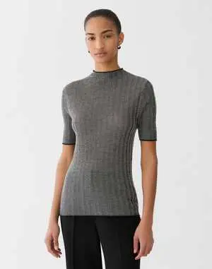 Lafayette 148 New York Cashmere Herringbone Short Sleeve Sweater