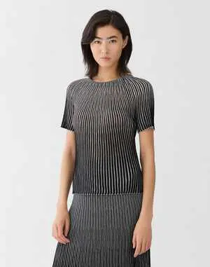 Lafayette 148 New York Metallic Stripe Pointelle Short Sleeve Sweater - Black Metallic
