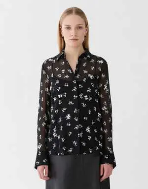 Lafayette 148 New York Petite Ditsy Floral Print Silk Sequin Blouse - Black Multi
