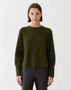 Lafayette 148 New York Petite Wool Cashmere Ribbed Crewneck Sweater - Forest