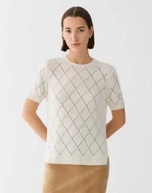 Lafayette 148 New York Petite Cashmere Sequin Silk Argyle Sweater - Cloud Metallic