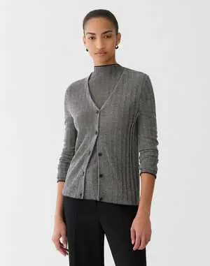 Lafayette 148 New York Petite Cashmere Herringbone V-neck Cardigan - Black/buff
