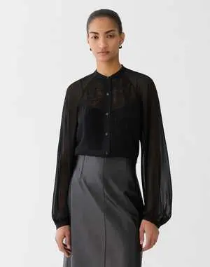 Lafayette 148 New York Silk Georgette Chantilly Lace Blouse - Black