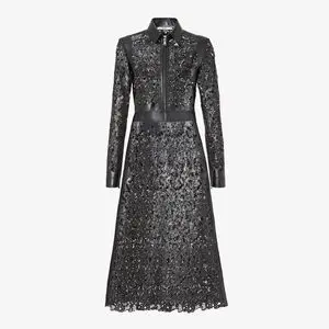 Fendi Midi Shirt Dress With Macramé Laser-cut Motif - Black