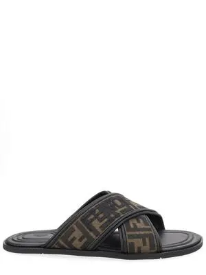Fendi Cross-strap Logo Slides - Brown