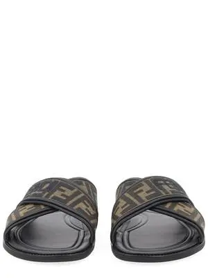 Fendi Cross-strap Logo Slides - Brown