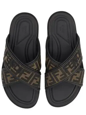 Fendi Cross-strap Logo Slides - Brown