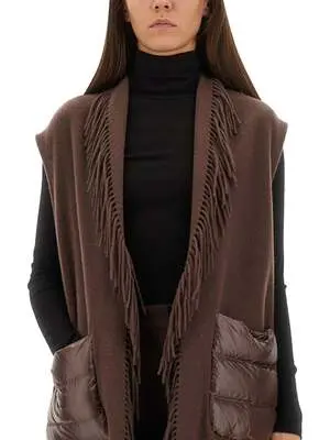 Herno Long Sleeveless Cardigan With Fringe And Padded Pockets - Brown