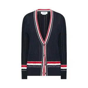 Thom Browne Neck Elongated Rwb Stripe Cardigan 'navy