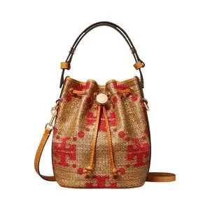 Tory Burch T Monogram Straw Mini Bucket Bag 'natural