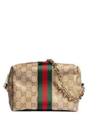Gucci Gg Coated Canvas Shoulder Bag 13 Cm X 19 Cm X 7.5 Cm With Chain And Leather Straps - Beige