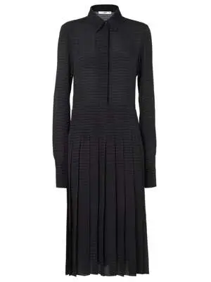 Fendi Midi Silk Shirt Dress With Jacquard Chevron Pattern & Pleated Skirt - Nero