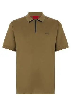 BOSS Cotton Polo With Zipper Short Sleeves - Khaki