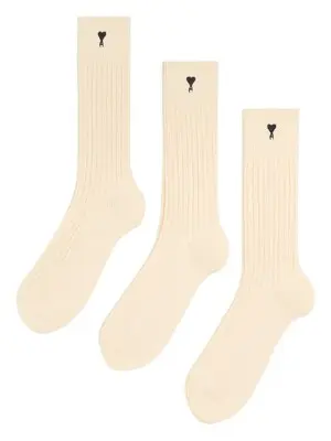 AMI Paris Three Paintck Btheck Socks For - Ecru