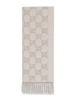 Gucci Gg Cashmere Scarf With Fringe Trim, W45cm X L190cm - White And Brown