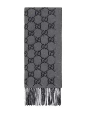 Gucci Gg Cashmere Jacquard Scarf With Fringe Trim, W45cm X L190cm - Grigio