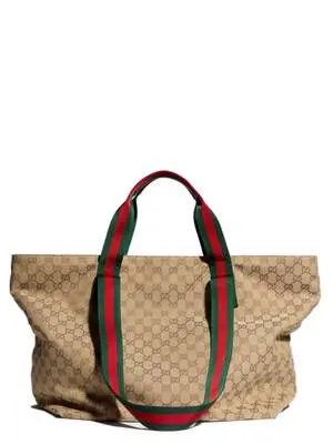 Gucci 35 Cm Gg Canvas Double-handle Tote With Web Detail, Zip Closure - Beige