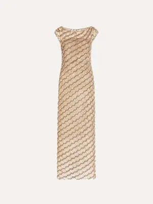 Oscar De La Renta Beaded Wave Embroidered Sleeveless Cocktail Dress