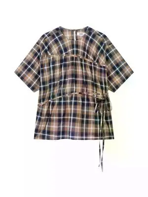 STUDIO TOMBOY Shirred Checkered Blouse - Neutrals