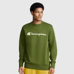 Champion Powerblend Crewneck Sweatshirt, Classic Script Logo - Chive